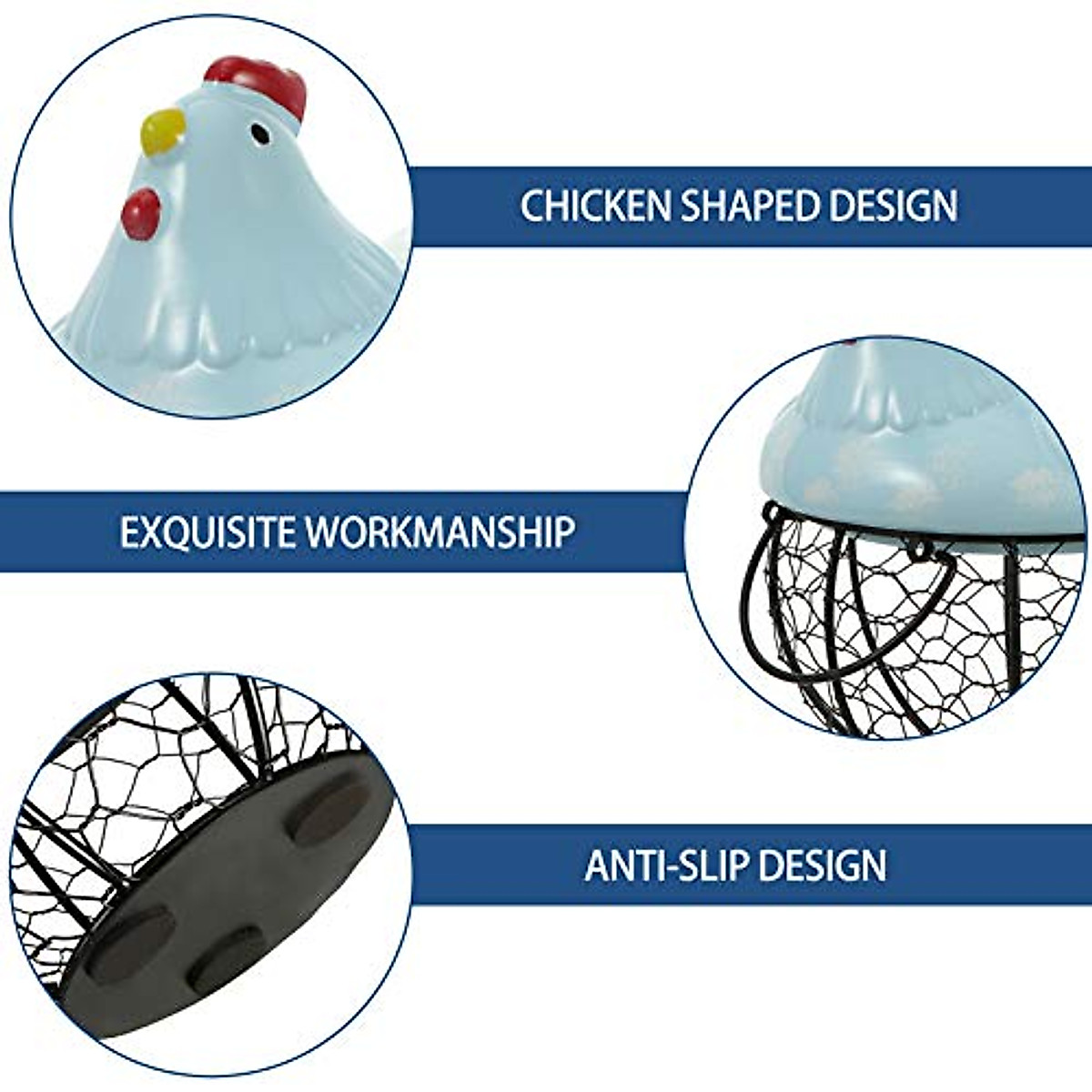 Round Chicken Wire Egg Baskets, Rustic Metal Egg Baskets for Fresh Eggs with Handle, Egg Holder Countertop Basket with Ceramic Lids, Country Farmhouse Vintage Style Gathering