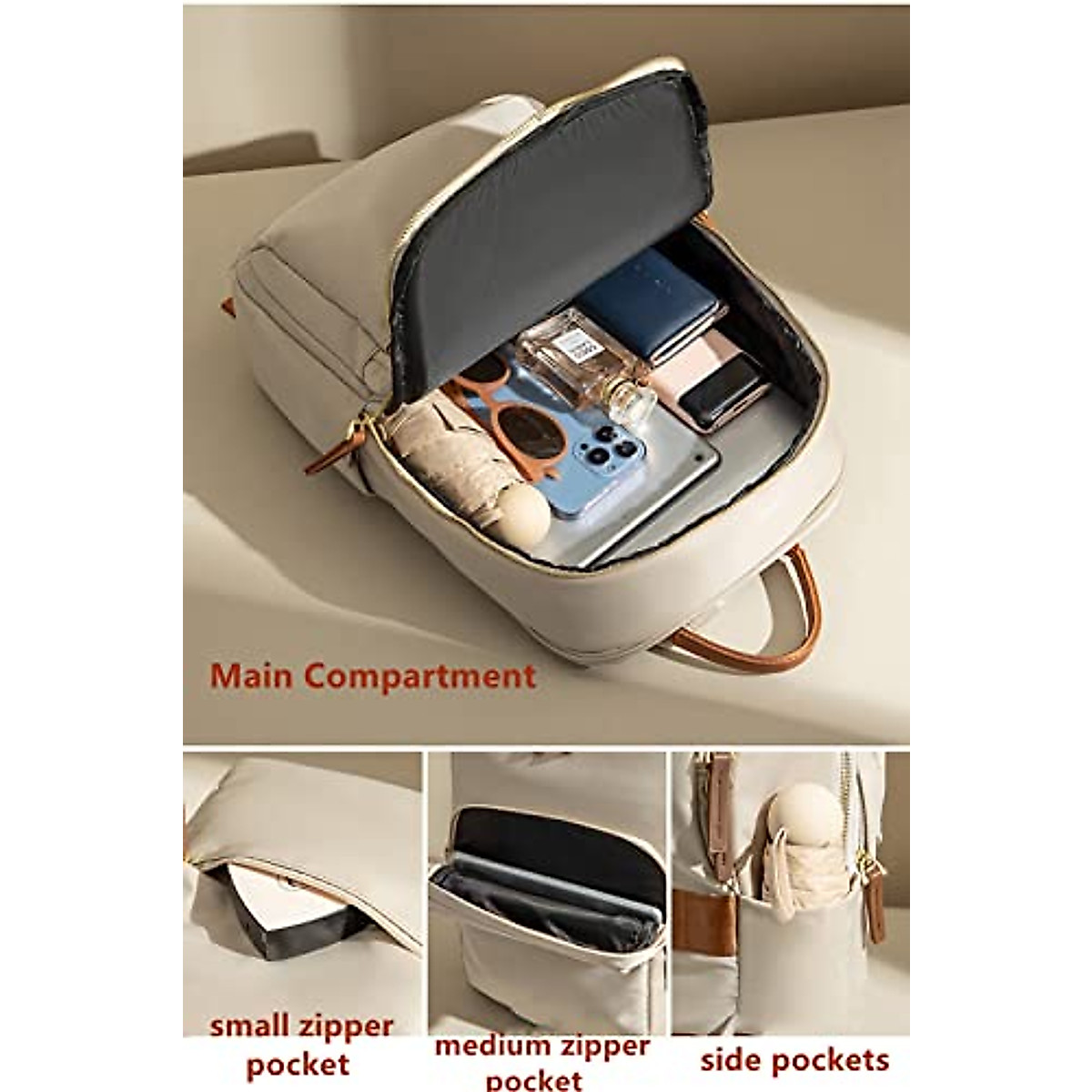 Mn&Sue Nylon Backpack Purse for Women Lightweight Travel Bag Fashion Design Ladies Shoulder Purse Casual Daypack School Work Bag (#A Beige)