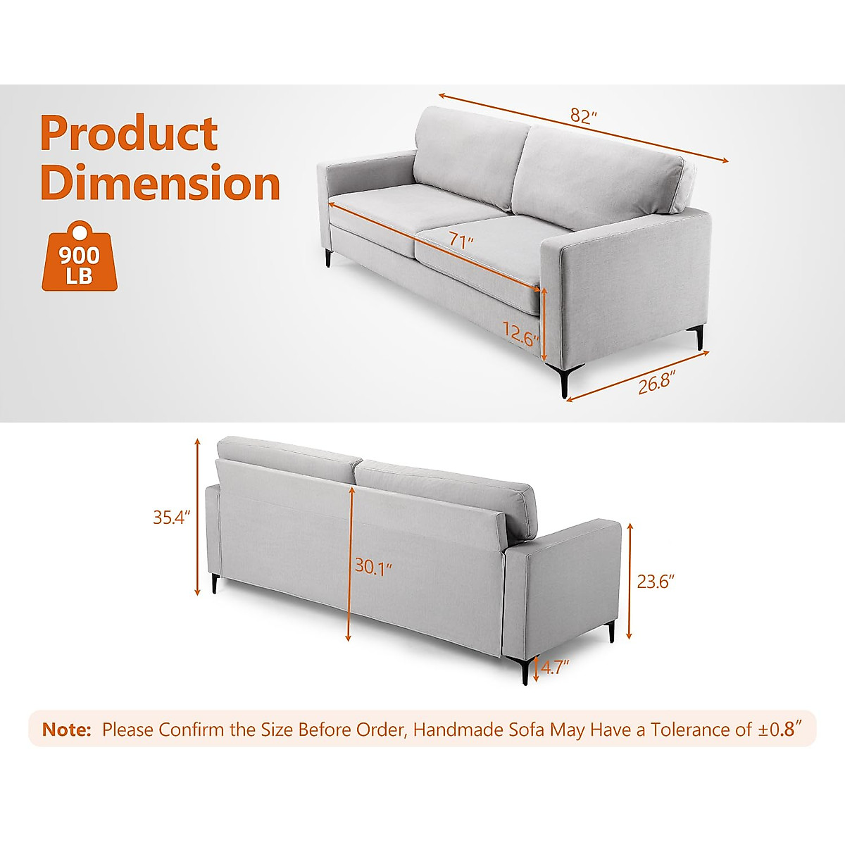 IDEARHOUSE 82 Inch Sofa, Comfy Couch, Modern Sofa, 3 Seater Sofa with Linen Fabric, Sofa Couch for Living Room Apartment Lounge Cozy Lounge Sofa,(Light Gray)