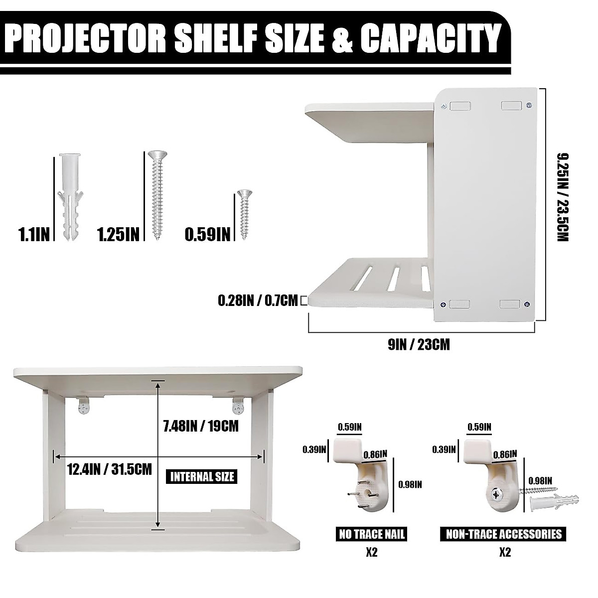 Projector Mount Shelf, Projector Wall Mount Shelf 2 Layers Wall Mount Floating Shelves Wall Hanging Shelf for Router Projector Camera TV Accessories 2 Installation Methods Ventilation Design