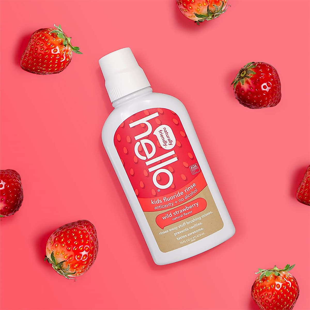 Hello Kids Wild Strawberry Natural Flavor Anticavity Fluoride Rinse - Vegan, Alcohol Free, and SLS Free Mouthwash for Children Age 2 and Up - 16 Ounce (Pack of 3)