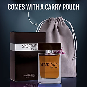 NovoGlow Sportmen the Uno for Men - 3.4 Fl Oz Eau De Parfum Spray - Long Lasting Warm Spicy & Woody Scent Smell Fresh & Masculine All Day Includes Carrying Pouch Gift for Men for All Occasions