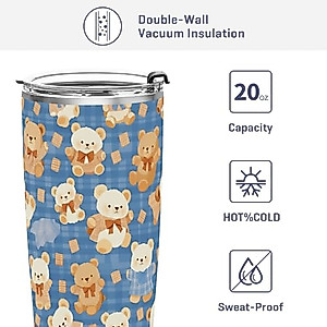 sanluoli Cartoon Bears Cute Plaids Stainless Steel coffee cup with Lid and Straw mugs for coffee for camping reusable insulated tumbler with lid 20 OZ