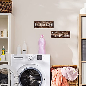 Creoate Laundry Room Decor, 2 Pieces Laundry Sign Wall Decor Funny Laundry Room Rules Decor Rustic Family White Wood Sign Hanging Plaque for Laundry Bathroom Wall Decor (Brown)