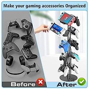 Kytok Controller Stand 5 Tiers with Cable Organizer for Desk, Universal Controller Display Stand Compatible with Xbox PS5 PS4 Nintendo Switch, Headset Holder & Desk Mounts for 10 Packs Controller
