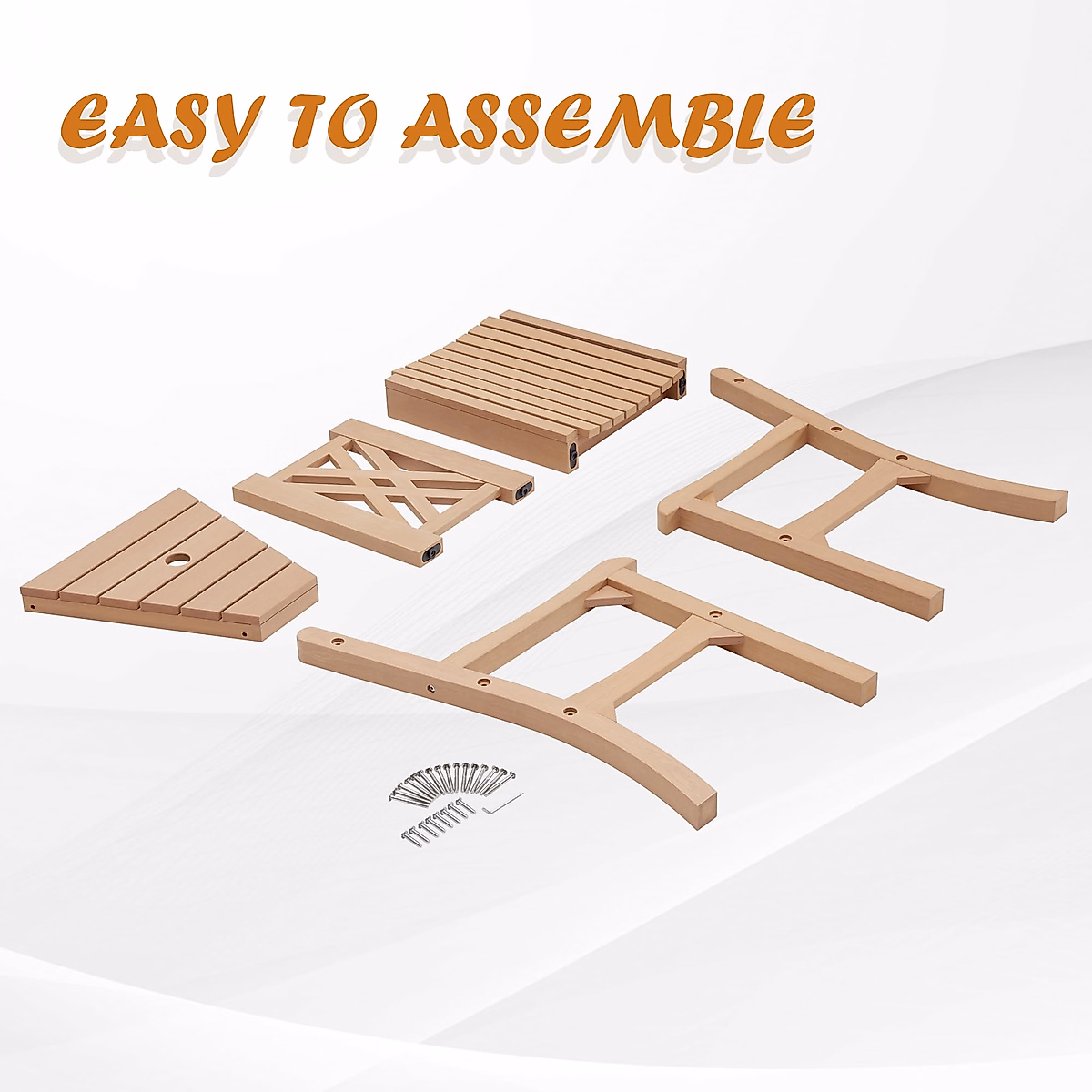 Psilvam Patio Furniture, All-Weather Poly Lumber Outdoor Loveseat, 2-Seater Outdoor Chair with Center Table & Umbrella Hole, Waterproof Accent Chairs Suitable for Lawn, Garden, Terrace (Teak Color)