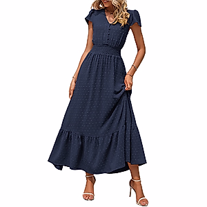 PRETTYGARDEN Womens Summer Boho Maxi Dress Short Sleeve Swiss Dot Flowy Long Dress V Neck Smocked Waist Beach Party Sun Dress(Navy, Large)