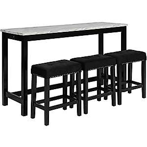 New Classic Furniture Celeste Faux Marble Theater Bar Table with 3 Bar Stool Set, Black Velvet with Black Base