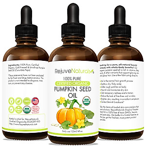 Organic Pumpkin Seed Oil (LARGE 4-OZ Bottle) USDA Certified Organic, 100% Pure, Cold Pressed. Boost Hair Growth for Eyelashes, Eyebrows & Hair. Overactive Bladder Control for Men & Women. Moisturizer