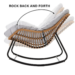 Apepro Wicker Rocking Chair with Footstool,Patio Rocking Chairs with Thickened Cushions,Outdoor Rocking Chair Glider Rocking Chair,Light Grey