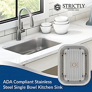 Strictly Sinks 23-7/16 Inch ADA Compliant Undermount Kitchen Sink - Single Bowl Kitchen Sink with Accessories, 18 Gauge Stainless Steel Sink with Strainer Drain, Roll Up Dish Drying Rack & Bottom Grid