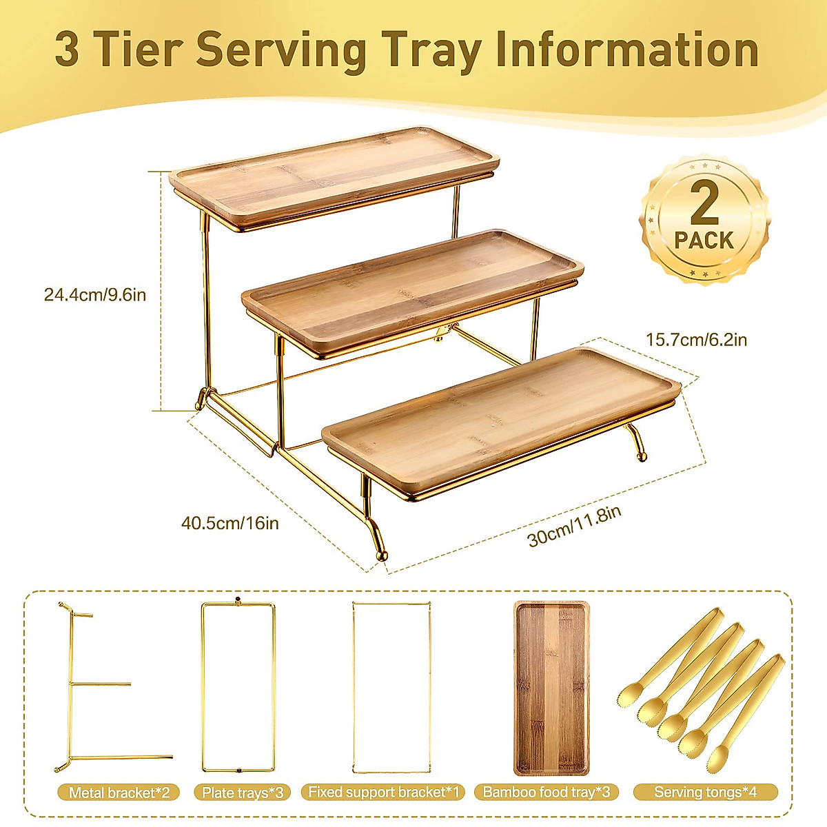 Thyle 2 Pcs 3 Tier Serving Trays Stand Rectangle Bamboo Tiered Serving Platters Dessert Table Display Set with 4 Pcs Tongs Trays with Metal Rack for Easter Wedding Party Food Cupcake(Gold)