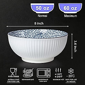 Houlu 60 oz Pho Bowls, Large Soup Bowl, Japanese Ramen Bowl Set, 8 inches Big Porcelain Bowls Set of 3, Leaf Patterns