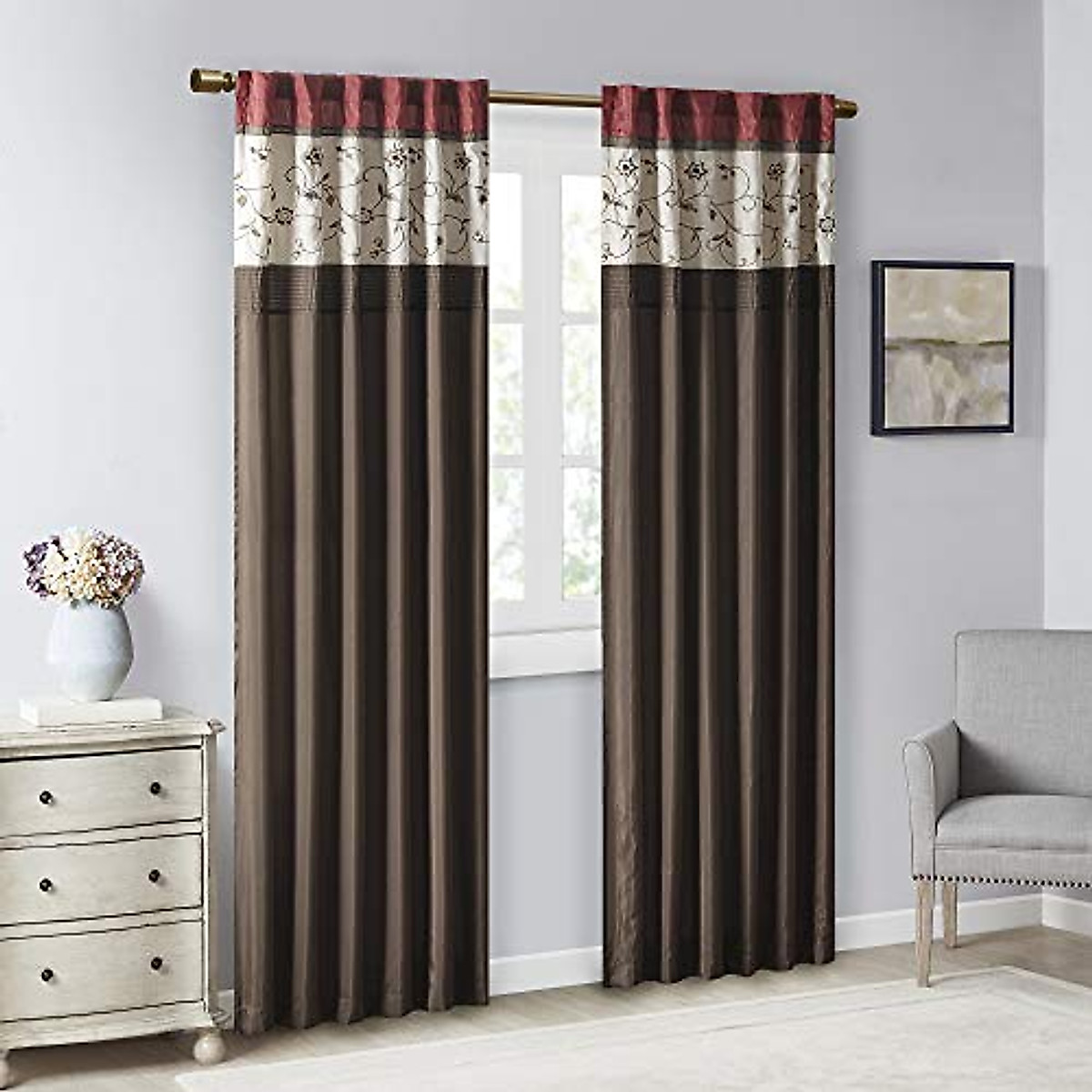 Madison Park Serene Embroidered Light Filtering Treatment Curtain Rod Pocket/Back Tab Single Window Panel Drape for Bedroom Livingroom and Dorm, 50x84", Red