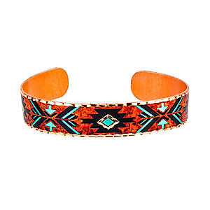 FRONT LINE JEWELRY Native American Copper Bracelets Feature Maroon & Turquoise Color Native Tribal Pattern Design Flame Painted Vintage Style Arrow Cuff Bracelets