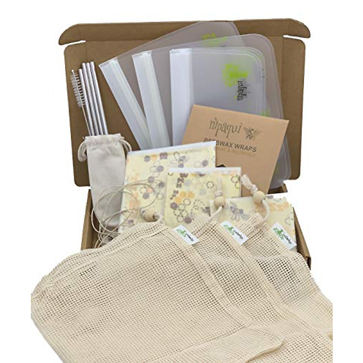 ZERO WASTE KIT - 17 PCS Eco Friendly Gift Set with Zero Waste Sustainable Products for the Home & Kitchen. Includes Reusable Products, Food Storage Bags, Beeswax Wraps, Mesh Produce Bags, and Straws. Great gifts for women.