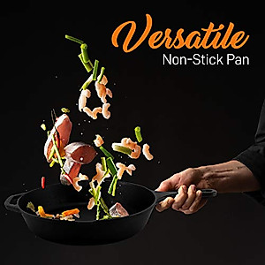 NutriChef Pre-Seasoned Cast Iron Skillet 3 Pieces Kitchen Frying Pan Nonstick Cookware Set w/Drip Spout-Silicone Handles, Scraper-Electric Stovetop, Induction, Gas Range, Ceramic, NCCI76, Black