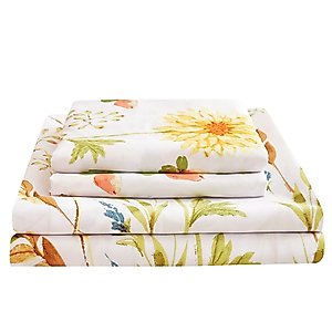 JSD Yellow Floral Printed Sheet Set Queen Size, 4 Piece Soft Botanical Spring Microfiber Bed Sheets Deep Pocket