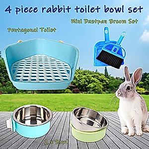 kathson Bunny Potty Trainer Corner Pan Rabbit Toilet Guinea Pig Litter Box with 2 Pack Pet Removable Hanging Crate Bowls for Small Animal