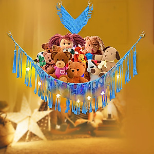 SMTTW Stuffed Animal Net or Hammock, Macrame Toy Hammock with Boho Tassels, Stuffed Animal Hammock Display Hanging Pet Net, Plushie Hammock Corner Net Holder for Nursery Bedroom Playroom Storage(Blue)