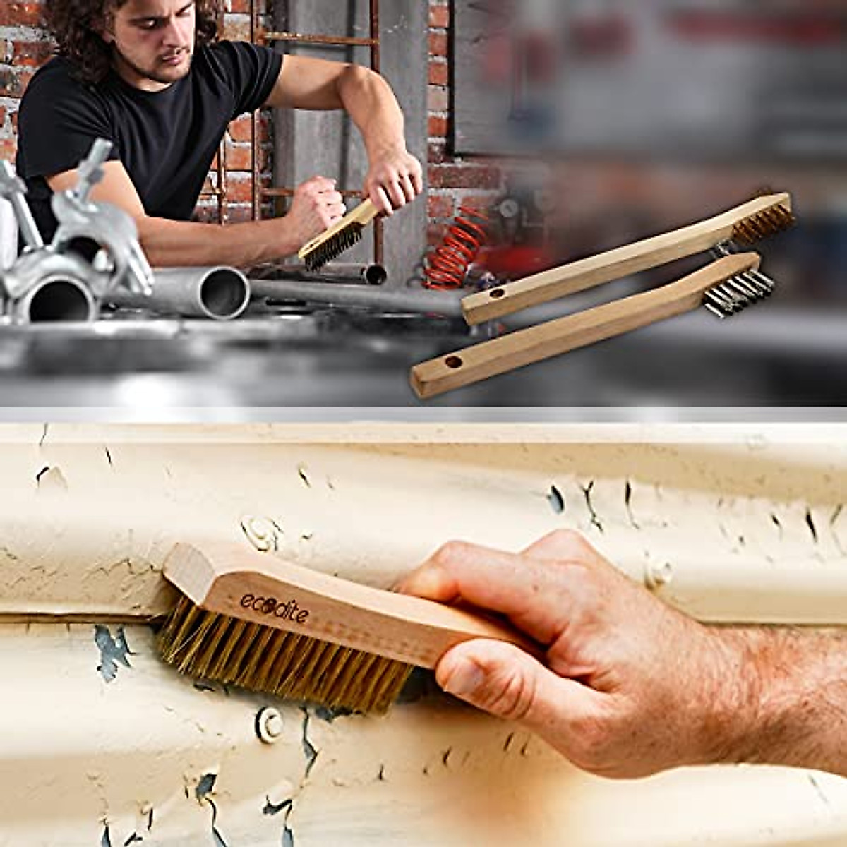 [Wire Brush Set for Cleaning] 4-Pack Multi Purpose Beechwood Handle Medium & Small, Brass & Stainless Steel Wire Scratch Brush for Rust, Paint, Welding, Heavy & Light Household Cleaning