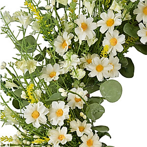LSKYTOP 24 Inches Artificial Daisy Flower Wreath with Eucalyptus Leave Silk Flower White Berries Spring Summer Wreath for Front Door Wall Decor