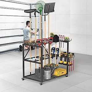 Keeswin Garden Tool Organizer with Wheels, 3 Tier Large Garage Tool Storage Organizer,Up to 50 Long-Handled Tools, 4 Drills Holder with 10 Hooks, 10 for Screwdrivers, Large (31.5''D x 25" W x 16" H)