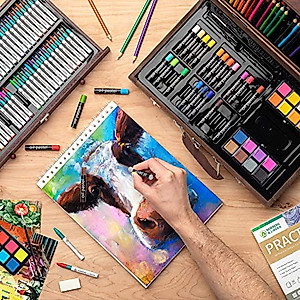 Norberg & Linden Art Supplies, XXL144 Art Set in Deluxe Wooden Box with Drawer Includes Crayons, Oil Pastels, Watercolor Paints, Colored Pencils, Sharpener, Sketch Pad for Adults and Kids