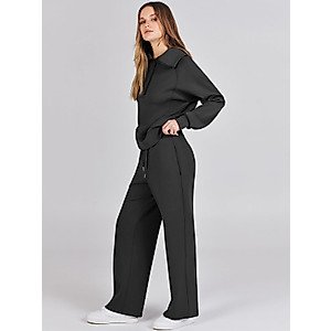 Prinbara Women 2 Piece Outfits Lounge Sets 2024 Winter Oversized Sweatshirt Wide Leg Pant Casual Matching Sweat Set Tracksuit Black Small
