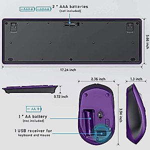 Wireless Keyboard and Mouse Combo, VIVEFOX 2.4GHz Cordless Quiet USB Keyboard Mouse, Full Size Ergonomic Keyboard Mouse with 14 Multimedia Hotkeys for Windows Laptop Computer Desktop, Purple