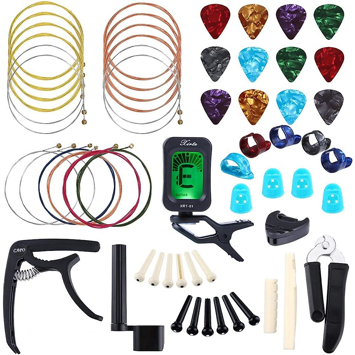 Auihiay 58 PCS Guitar Accessories Kit Including Guitar Strings, Picks, Capo, Thumb Finger Picks, String Winder, Bridge Pins, Pin Puller, Pick Holder, Finger Protect