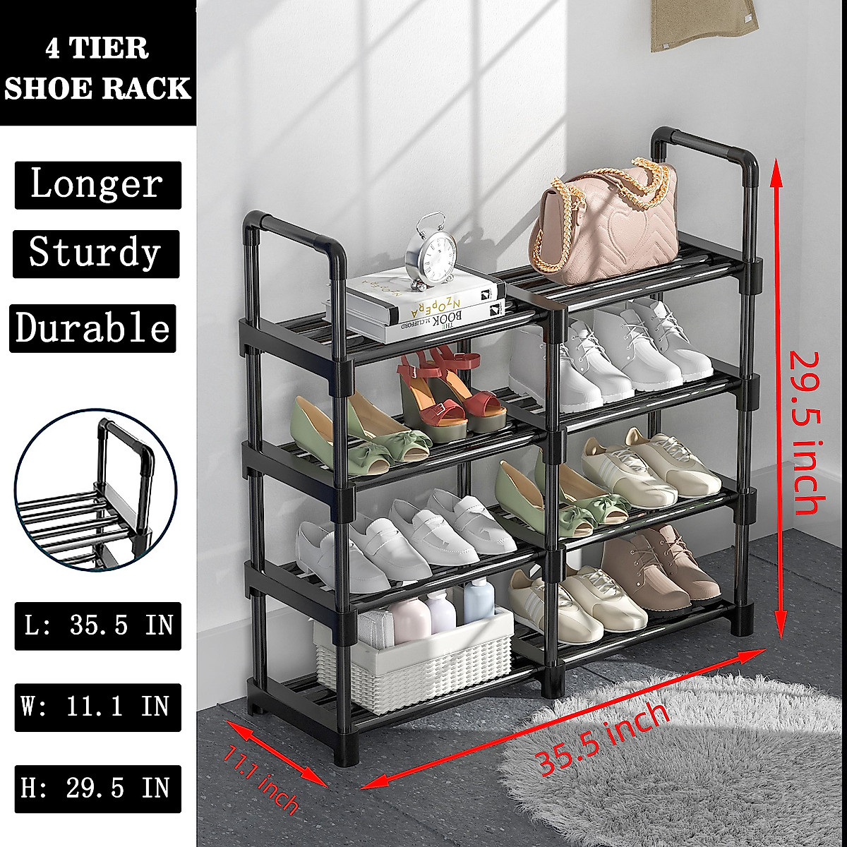 RightTech 4-Tier Shoe Rack, 90CM Long Adjustable & Stackable Metal Shoe Shelf Storage Organizer, Heavy Duty Metal Free Standing Shoe Rack for Entryway Closet Doorway, Black