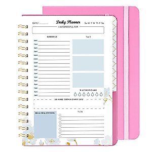 Siltamu Daily Planner Undated 6.1″ x 8.5″,To Do List Notebook with Hourly Schedule,Meal Planning and Spiral Appointment Organizers for Men and Women with Pocket and Pen Loop - Pink