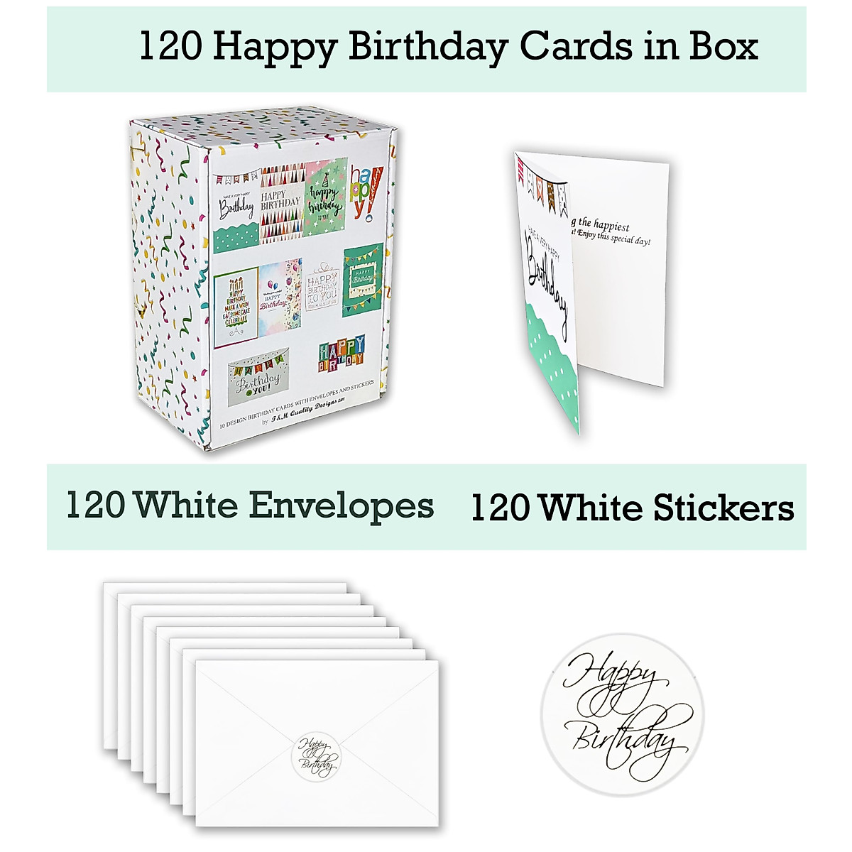 120 Happy Birthday Cards with Short Generic Message Inside , Assorted Greeting Notes Bulk with Envelopes and Stickers, 10 Unique Designs, 4x6 Inch, Thick Cardstock, Sturdy Box for Business and Personal