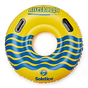 Swimline 17035ST Solstice River Rough 48" Round Heavy Duty Inflatable Inner Tube Swimming Pool 1 Person Lake Float with Handles, Yellow/Blue
