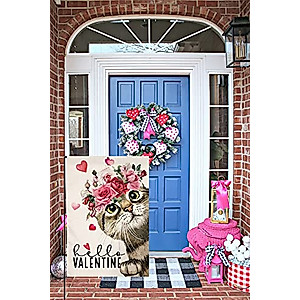 Valentines Cat Garden Flag 12x18 Vertical Double Sided Red Pink Rose Love Heart Spring Farmhouse Holiday Outside Decorations Burlap Yard Flag BW237