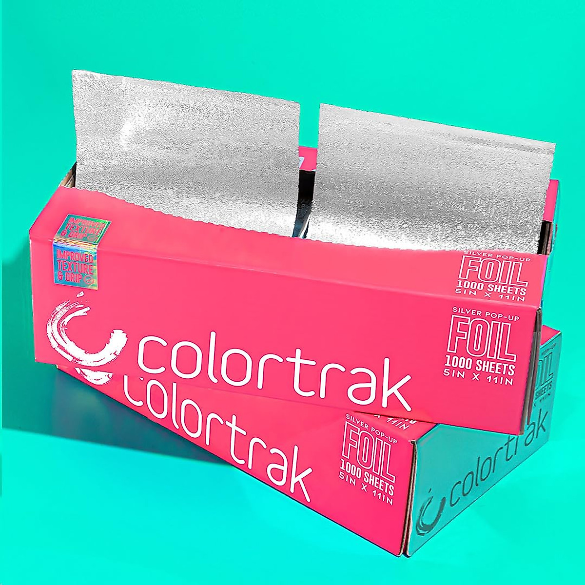 Colortrak Embossed Sheets Silver Aluminum Foil Pop-up Dispenser, 1000 Pre-cut Sheets Non-slip Textured Silver 5 x 11 Sheets for Hair Foil Coloring and Highlighting Sheet Applications