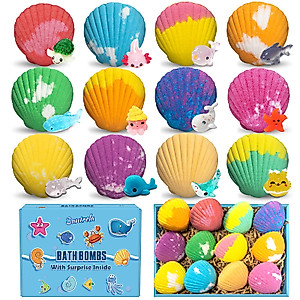 Bath Bombs for Kids with Surprise Toys Inside, 12 Pack Shell Kids Bath Bombs Gift Set for Girls Boys Birthday, Easter, Christmas, Halloween, Handmade Organic Bath Fizzy Bomb with Sea Animal for Child
