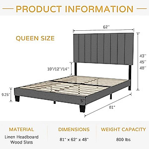 SWISH WEAVERS Queen Size Platform Bed Frame with Headboard, Upholstered Bedframe with Wingback / 12 Solid Wooden Slats/No Box Spring Needed/Noise-Free/Easy Assembly, Light Gray