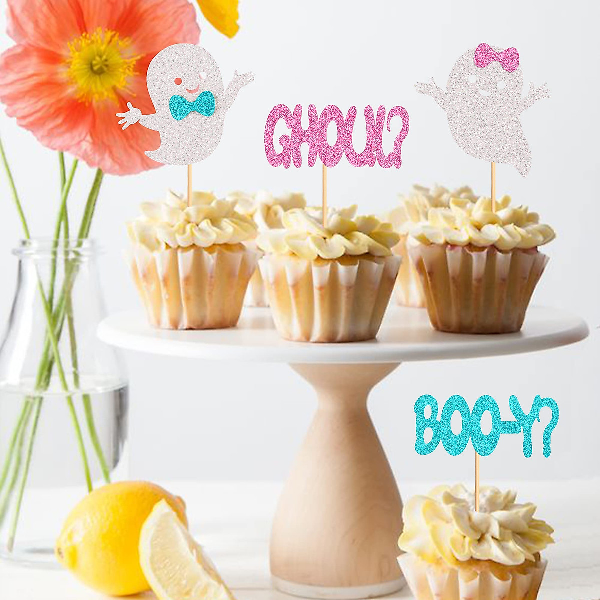 Ercadio 24 Pack Boo-y or Ghoul Cupcake Toppers Glitter Halloween Ghost Cupcake Picks Boy or Girl Cupcake Toppers Baby Shower Birthday Halloween Themed Gender Reveal Cake Decorations Supplies