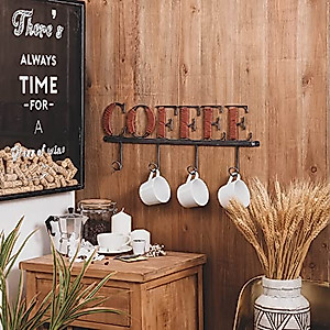 NIKKY HOME Coffee Mug Wall Rack, Metal Coffee Cup Holder Wall Mounted with 4 Hooks and Rustic Leather Mug Holder Coffee Word Sign and Cutout Design