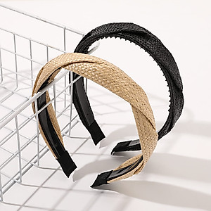 Ivyu Hairband, 2 Count Pack, for Women Girls - Hand-woven Bohemian Headbands, Fashion Head Bands, No Slip, Stretchable, Comfortable, Straw, Hair Accessories for Beach and Summer