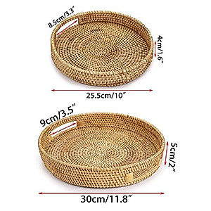 Hipiwe Rattan Serving Tray with Handles Handmade Woven Basket Tray Home Decorative Organizer Tray, Breakfast, Tea, Snack, Fruit, Coffee Storage Tray, Set of 2 (Round)
