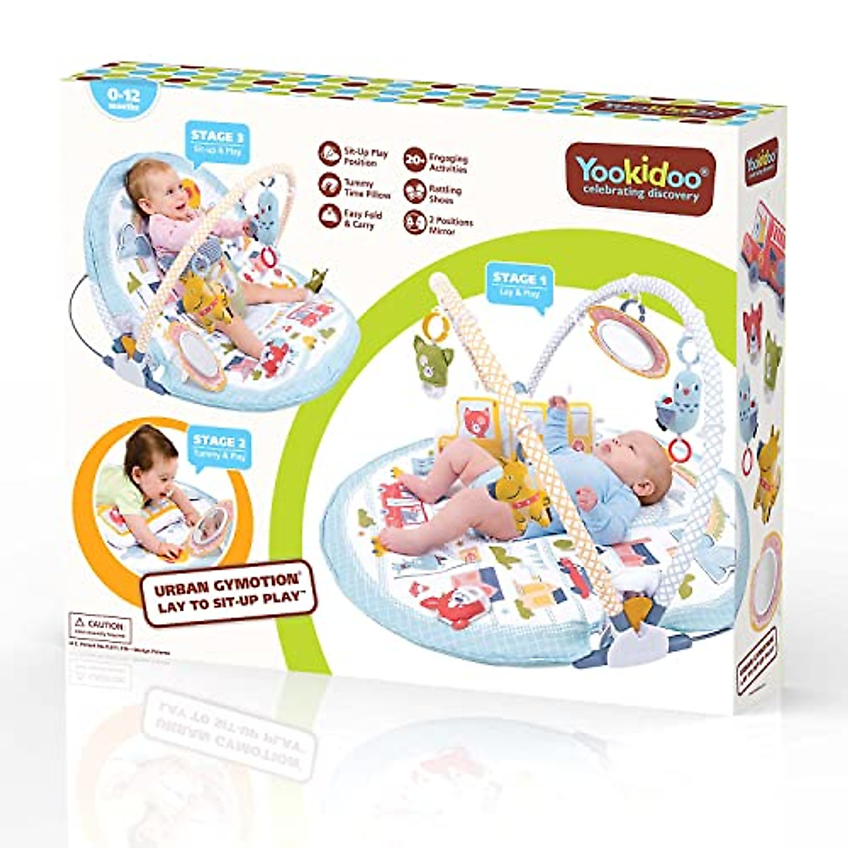 Yookidoo 3-in-1 Urban Baby Gym. Lay-to-Sit Up Play Mat with Tummy Time Pillow and Infant Toys. Easy Fold and Carry. 0-12 Month
