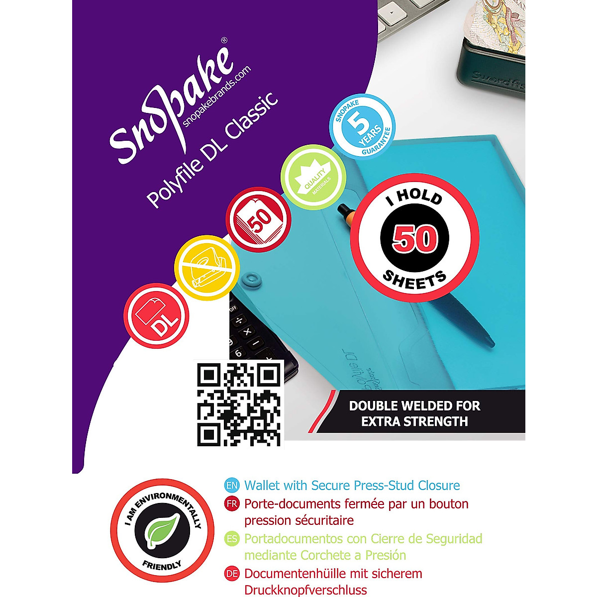 Snopake DL Polyfile Popper Wallet with Press Stud Closure – Classic Assorted [Pack of 5] Ref: 10070