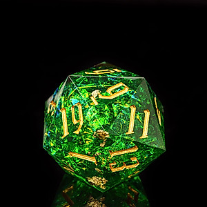 Cusdie Single D20 DND Dice with Sharp Edges and Glitter Foil Inclusions, 20 Sided D&D Dice, 33mm Handcrafted Polyhedral Dice, for Role Playing Game MTG Pathfinder (Green)