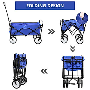 Arlopu Collapsible Folding Wagon Cart, Outdoor Park Utility Garden Wagon with 2 Cup Holders, Heavy Duty Portable Picnic Camping Cart for Shopping, Sport, Beach, Camping, Grocery, 150 LBS (Blue)