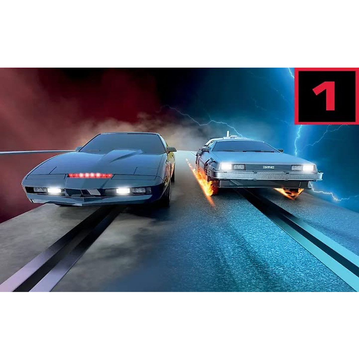 Scalextric C1431M 1980s TV - Back to The Future vs Knight Rider Race Set- Mains Power Slot Car Race Track Sets, 1:32 Scale Set, Electric Racing Toys for Adults or Kids, Age 8+