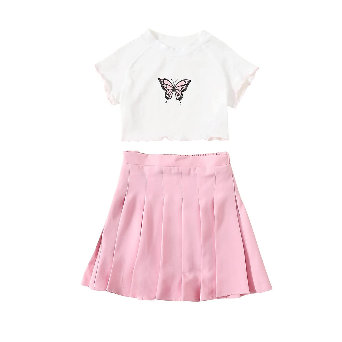SOLY HUX Girl's Butterfly Print Short Sleeve Tee Top and Pleated Skirt Set 2 Piece Outfits White Pink 11-12Y
