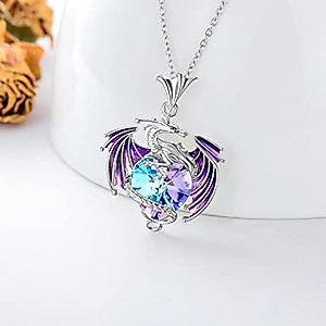 Dragon Necklace Sterling Silver Purple Wyvern Necklace with Heart Shaped Crystal Jewelry Gift for Women